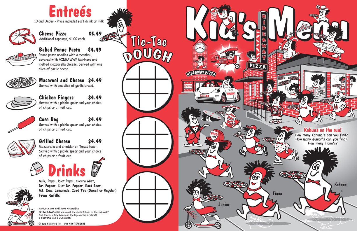 Hideaway Pizza Kids Menu Design - Bob Paltrow Design