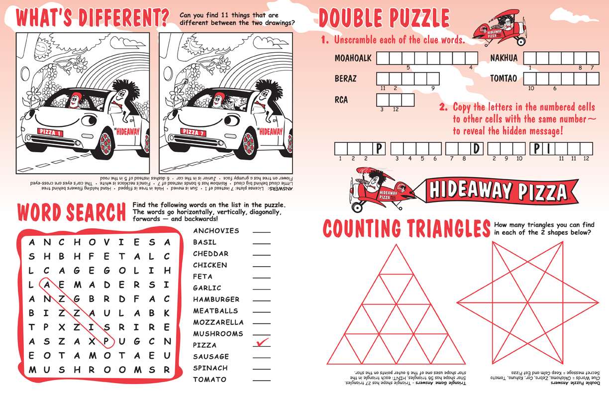 Hideaway Pizza Kids Menu Design - Bob Paltrow Design