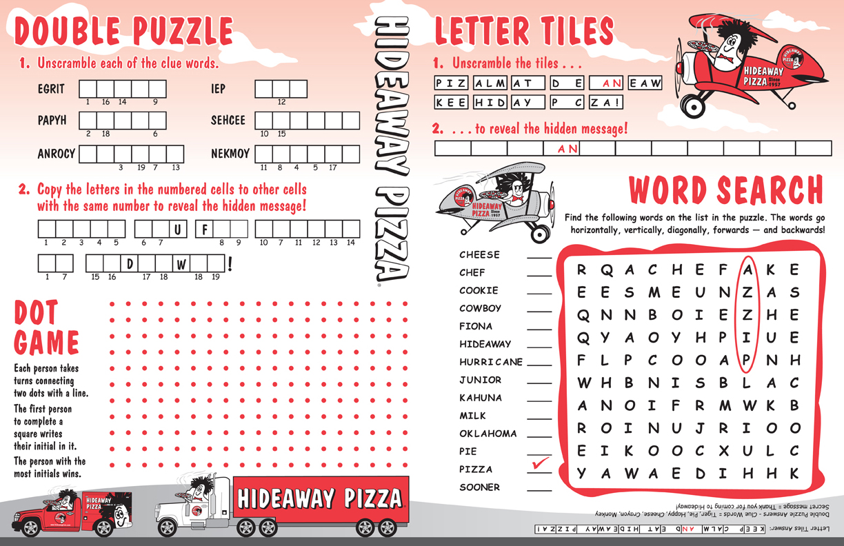 Hideaway Pizza Kids Menu Design – Bob Paltrow Design